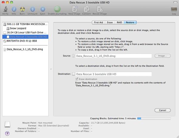 Create a bootable USB / FireWire Data Rescue 3 startup disk